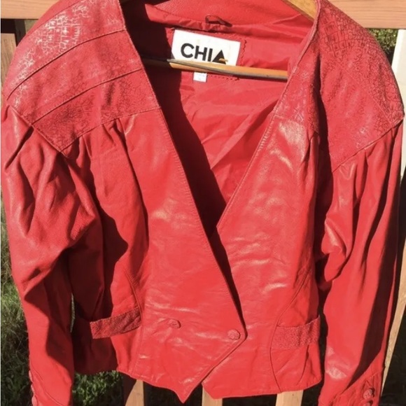 Chia | Jackets & Coats | Vintage Red Leather Jacket Womens Cropped Chi 8s Coat W Shoulder Pads ...